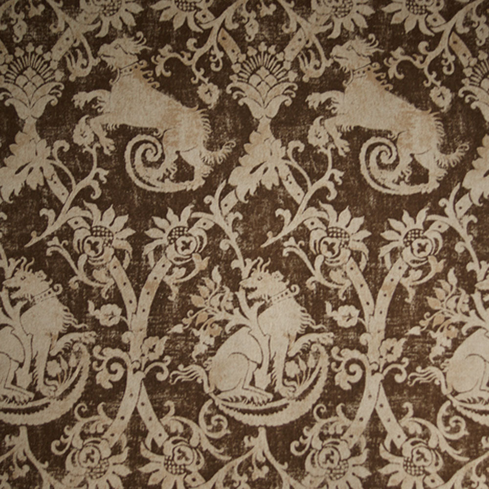 Guinevere Medieval Heraldic Beasts Brown Cotton Linen Print