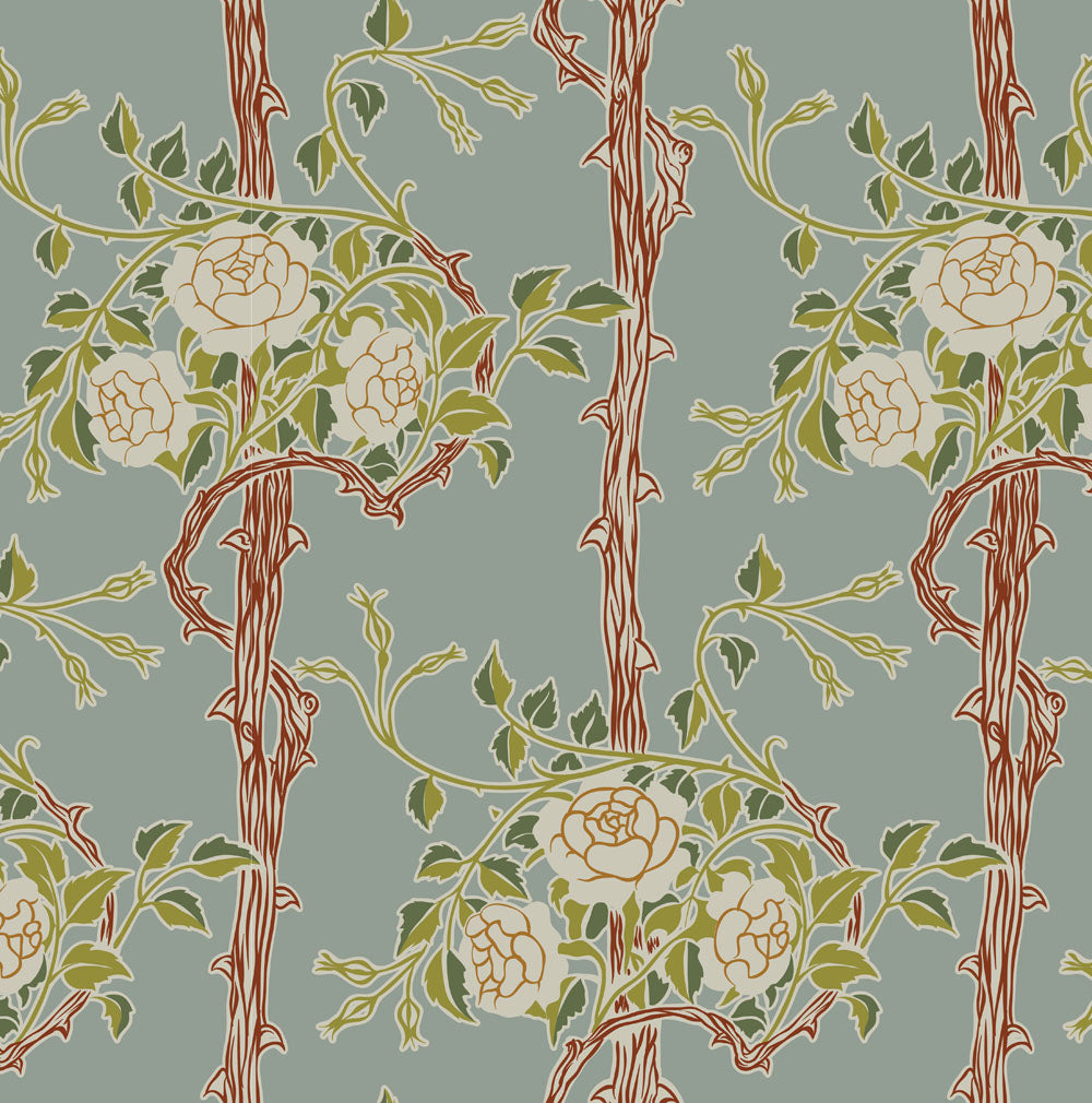 Walter Crane Textile Design, Walter Crane Cream Roses on Duck Egg Print ...